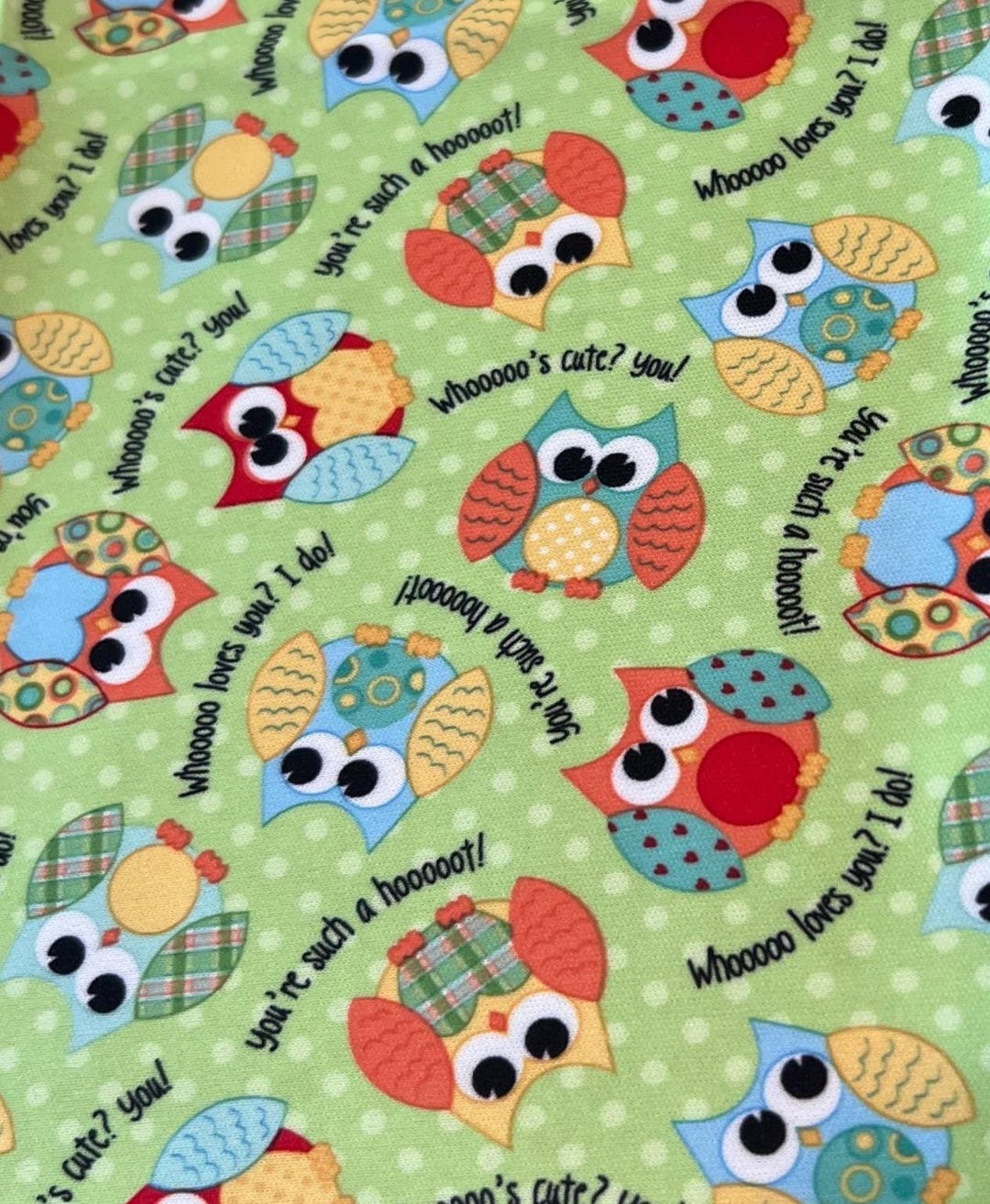 Playful Friends Owls Features an Owl Pattern on Green With White Polka ...
