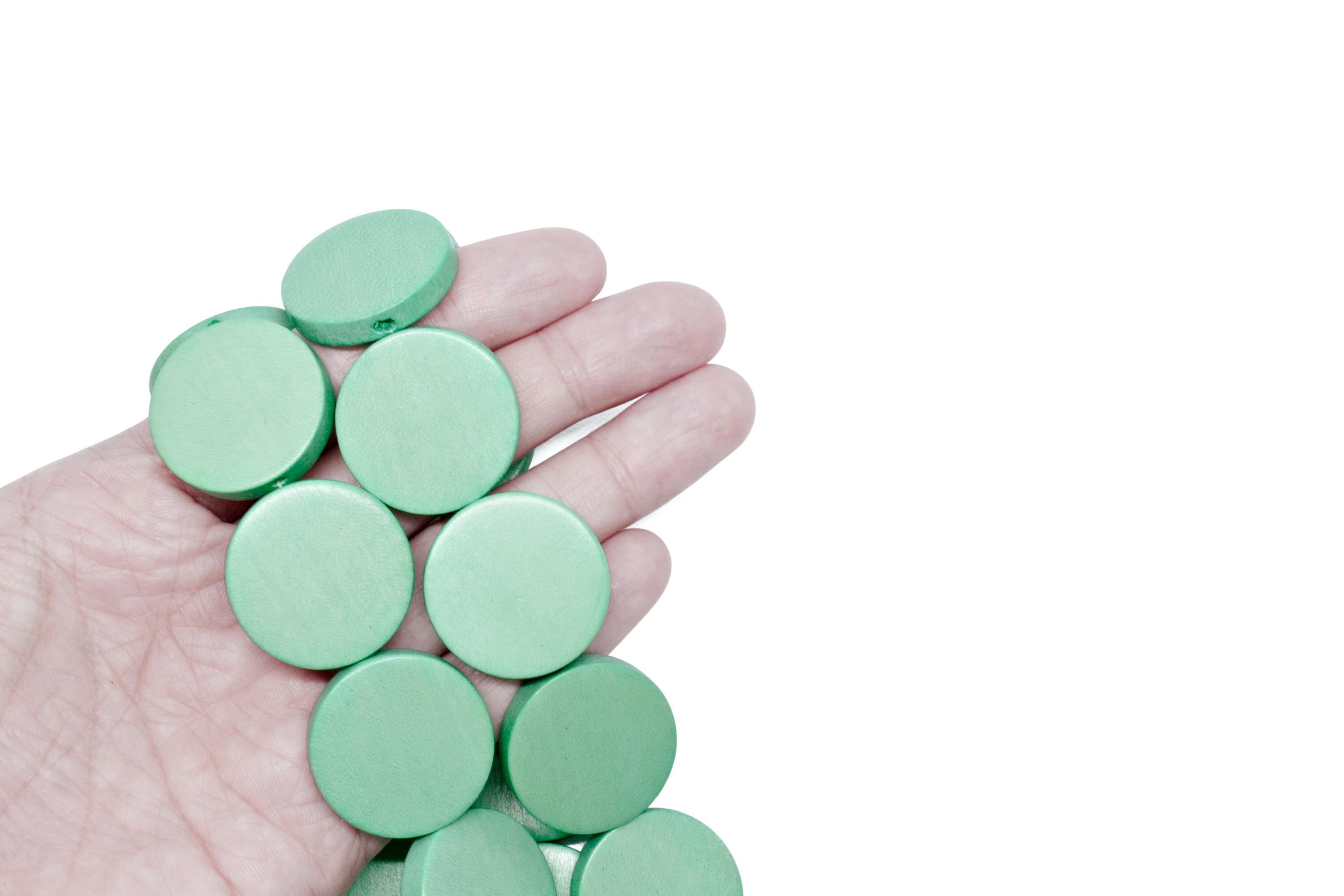 25mm Hemlock Green Pastel Green Flat Round Coin Wood Beads - Dyed and ...
