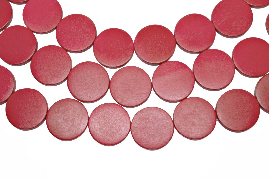 25mm Cayenne Red Flat Round Coin Wood Beads - Dyed and Waxed - 15 Inch ...