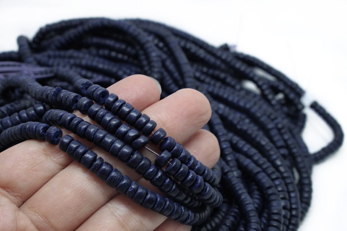 4-5mm Navy Blue Coconut Shell Pucalet Rondelle Beads - Dyed and Waxed ...