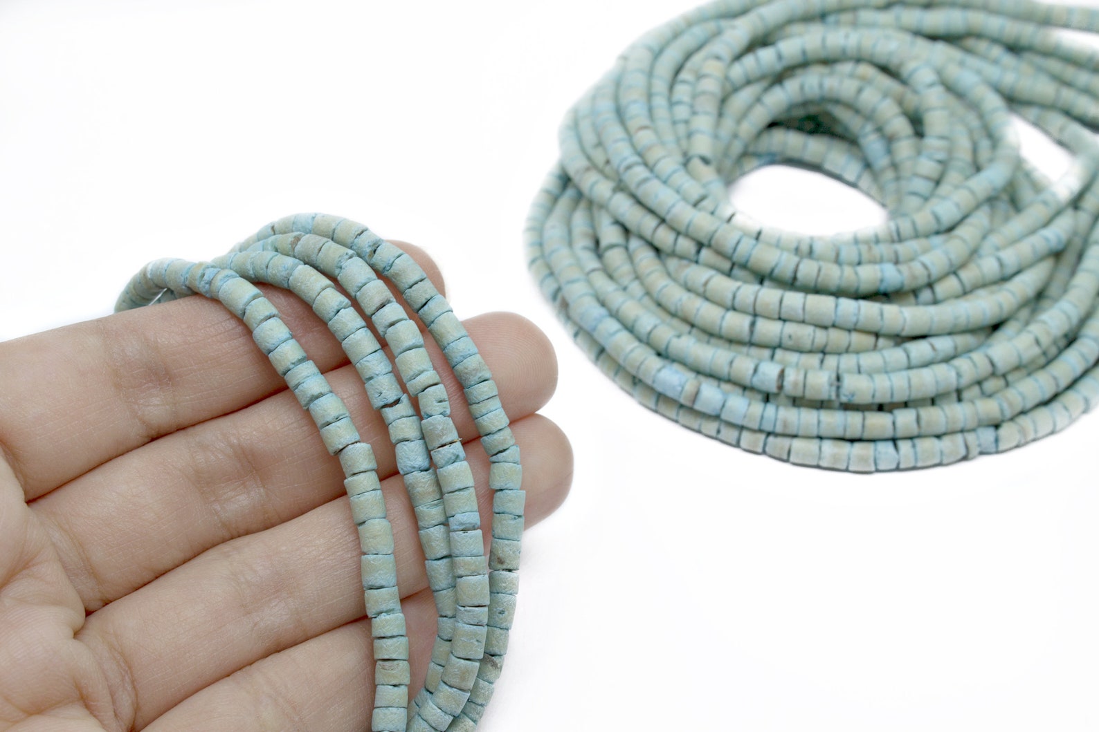 3-4mm Baby Blue Coconut Shell Heishi Beads - Dyed and Waxed - 23 Inch ...