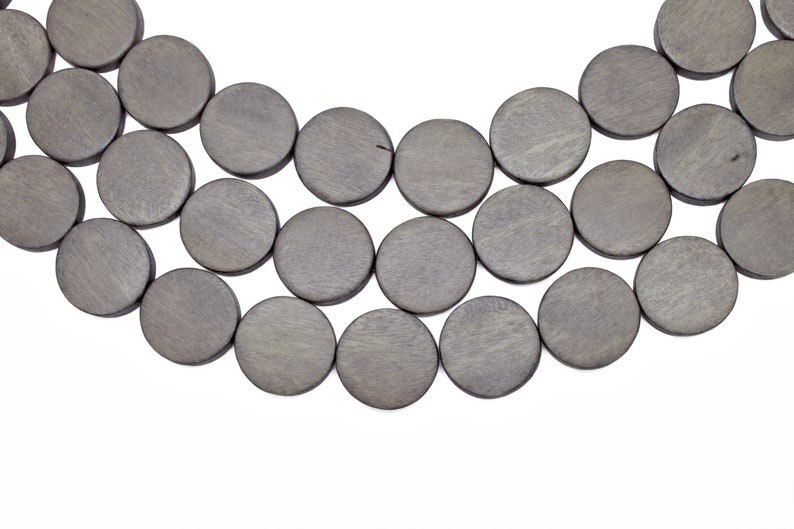 20mm Dark Gray Flat Round Coin Wood Beads - Dyed and Waxed - 15 Inch ...