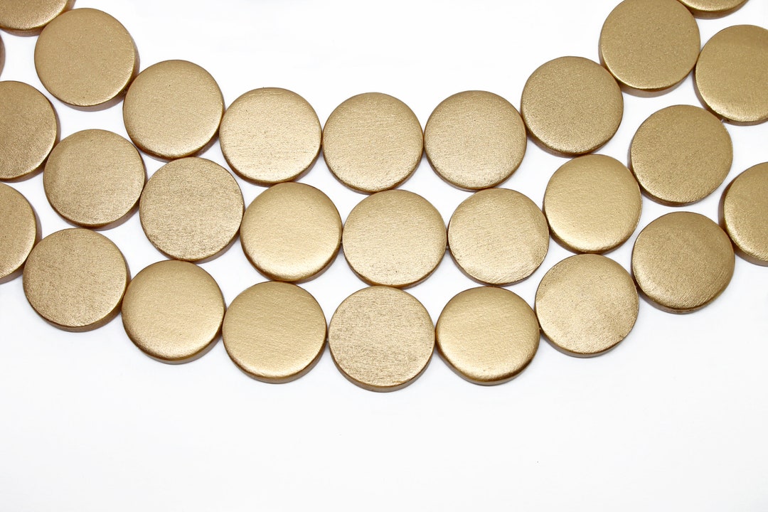 20mm Metallic Gold Flat Round Coin Wood Beads - Painted - 15 Inch ...
