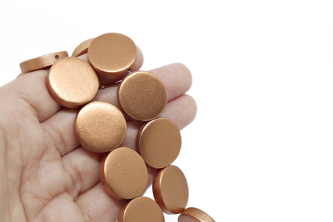 20mm Metallic Copper Flat Round Coin Wood Beads - Painted - 15 Inch ...