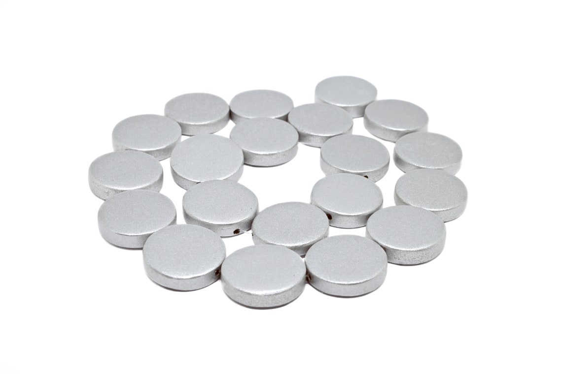 20mm Metallic Silver Flat Round Coin Wood Beads - Painted - 15 Inch ...