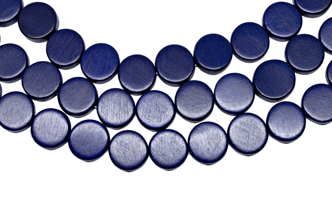 15mm Navy Blue Flat Round Coin Wood Beads - Dyed and Waxed - 15 Inch ...