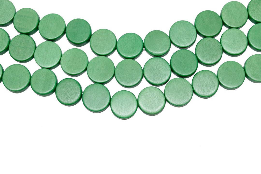 15mm Green Flat Round Coin Wood Beads - Dyed and Waxed - 15 Inch Strand ...