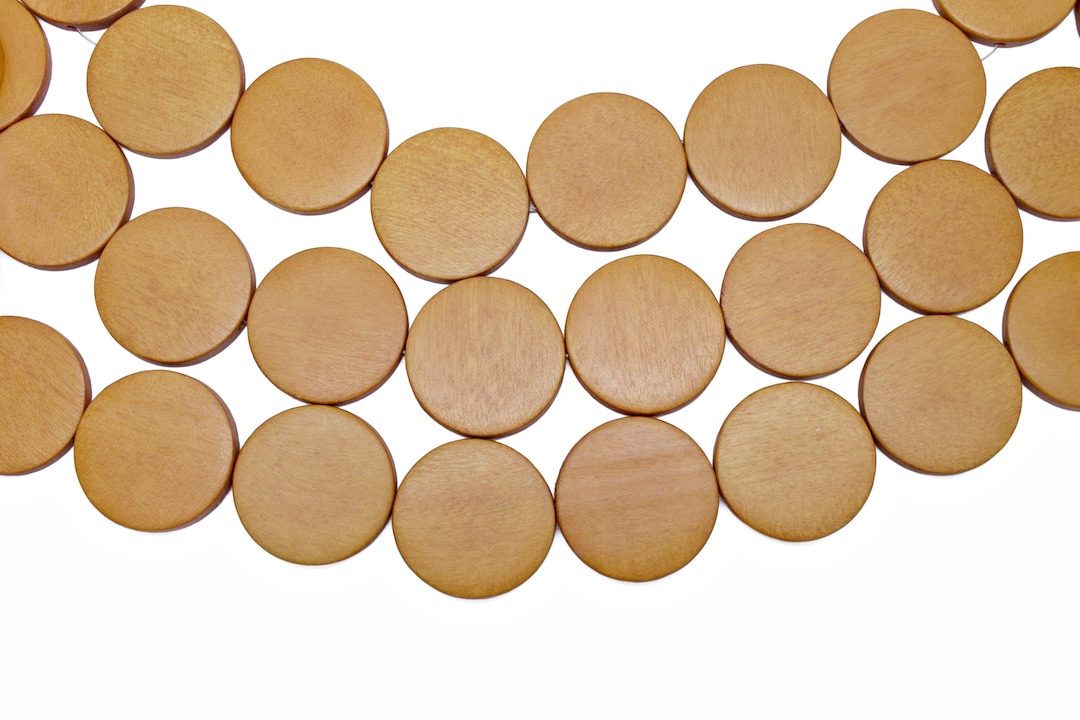 25mm Mustard Yellow Flat Round Coin Wood Beads - Dyed and Waxed - 15 ...