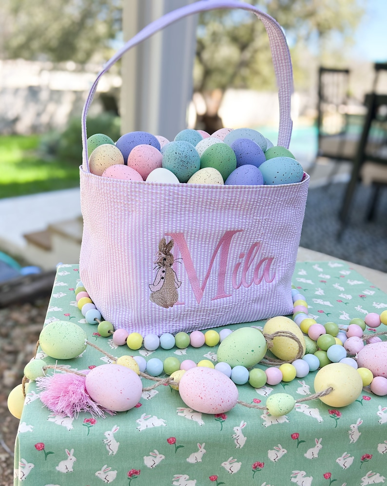 Seersucker Easter Basket Personalized Monogram Easter Tote Embroidered ...