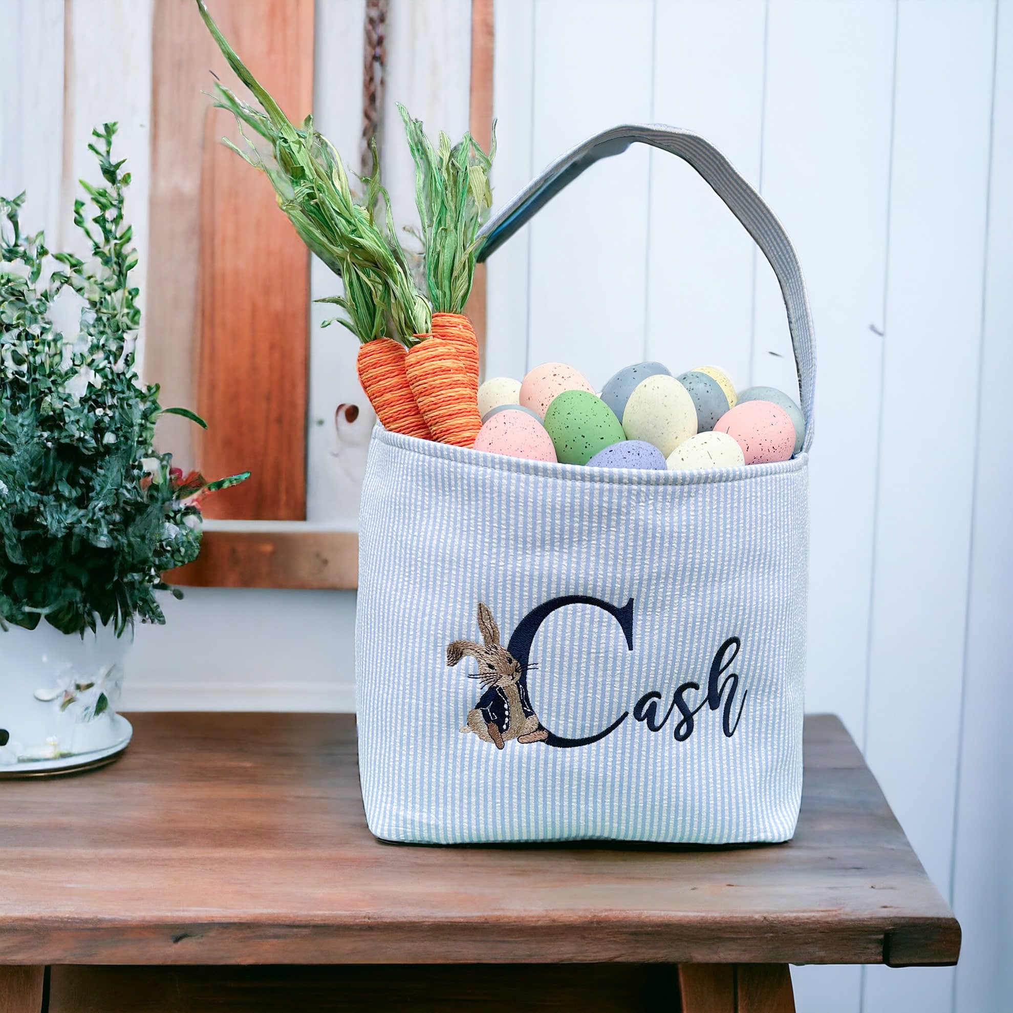 Seersucker Easter Basket Personalized Monogram Easter Tote Embroidered ...