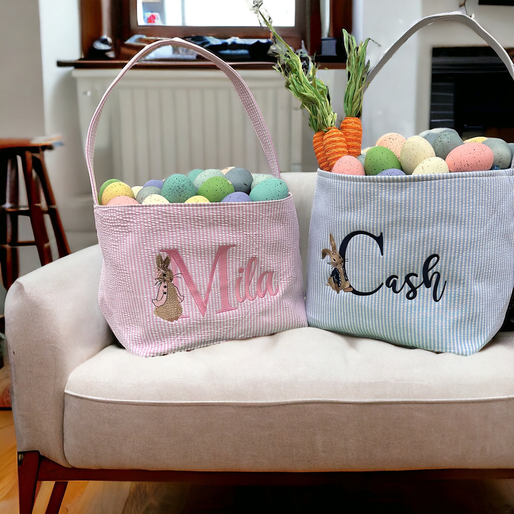 Seersucker Easter Basket Personalized Monogram Easter Tote Embroidered Easter Basket Seersucker ...