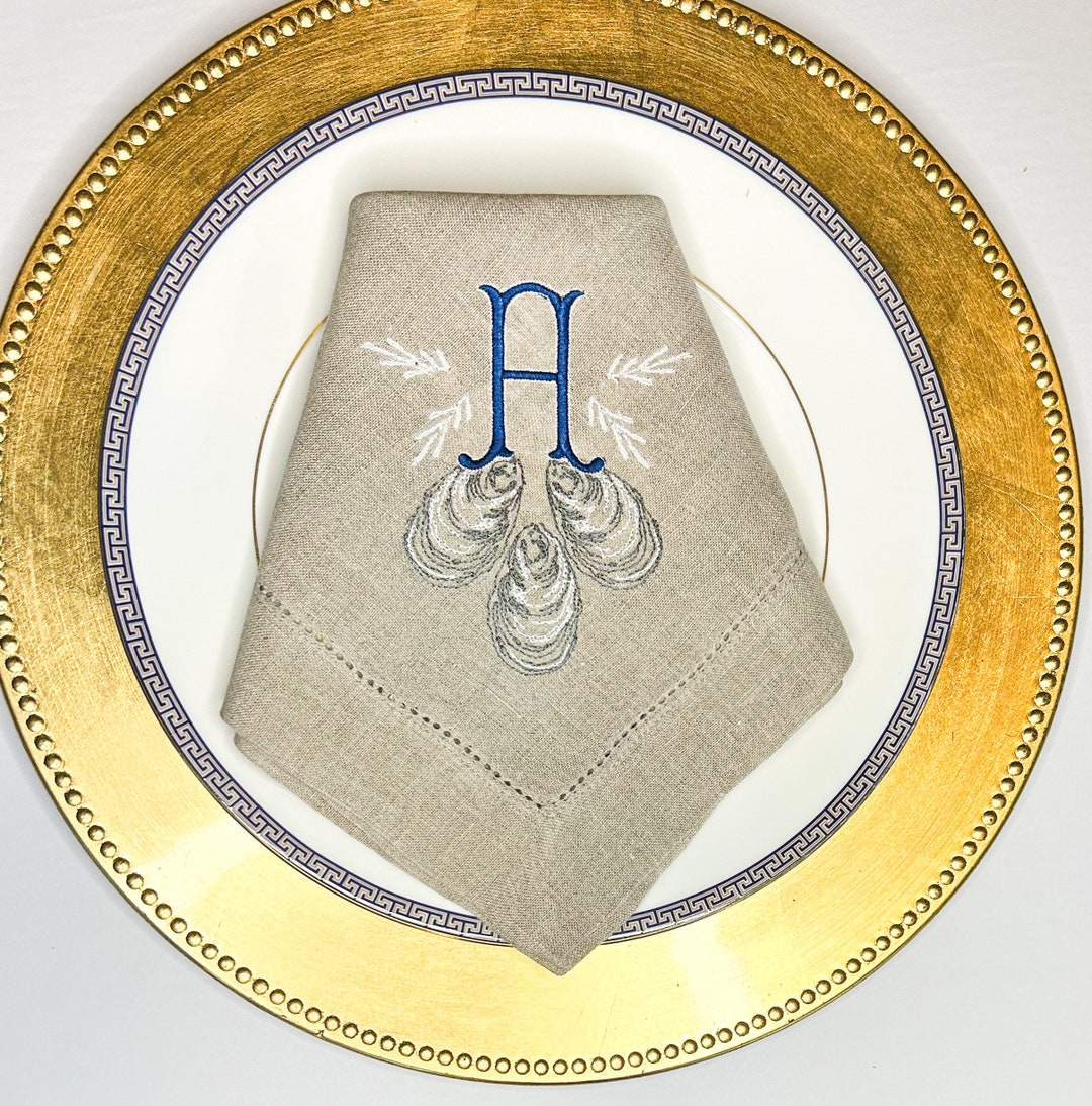 Embroidered Linen Dinner Napkin: Oyster Motif, Monogrammed Coastal ...