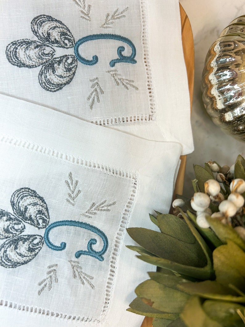 Personalized Embroidered Linen Cocktail Napkins: Oyster Coastal Decor ...