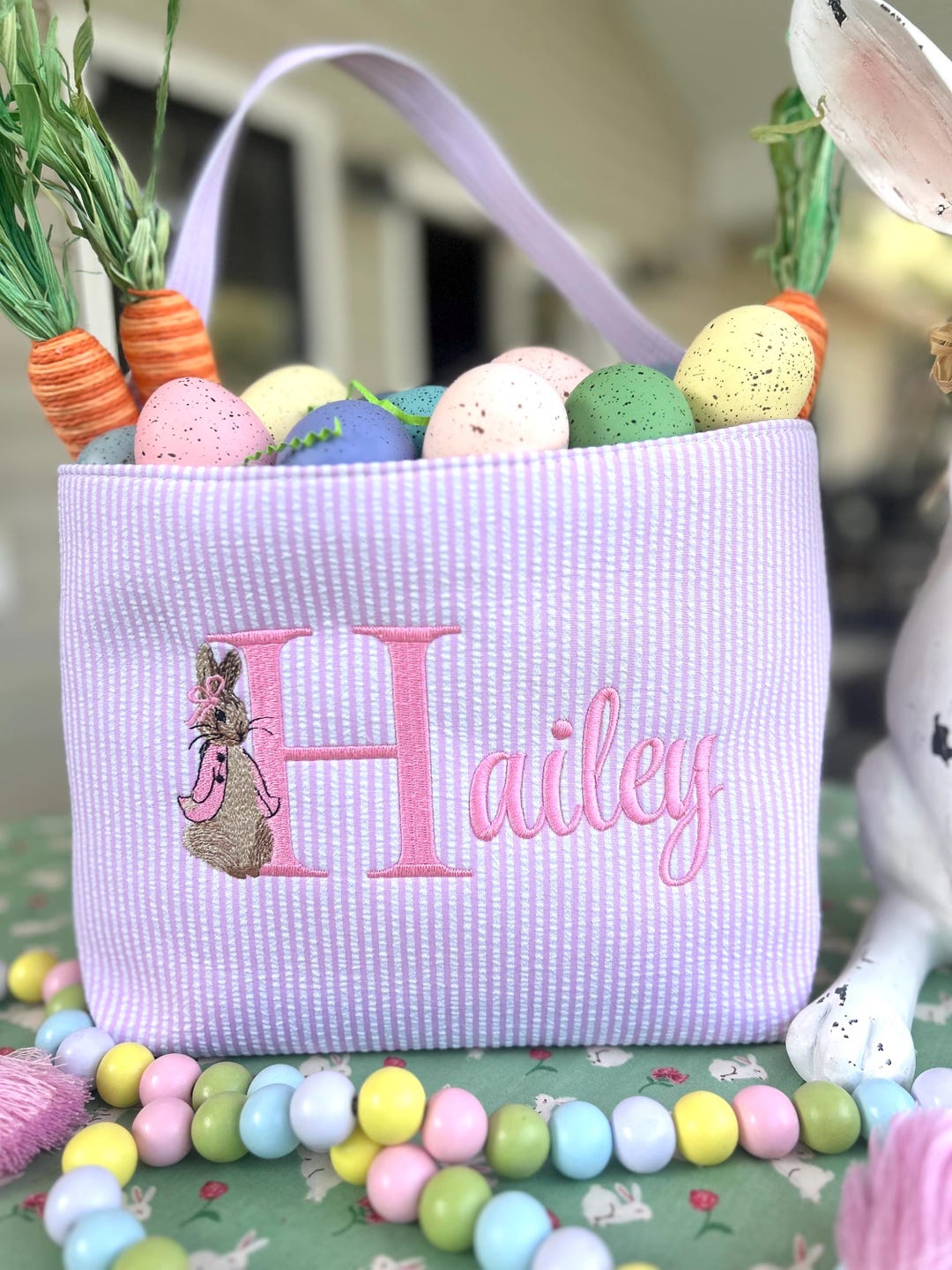 Seersucker Easter Basket Personalized | Monogram Easter Tote | Embroidered Easter Basket ...