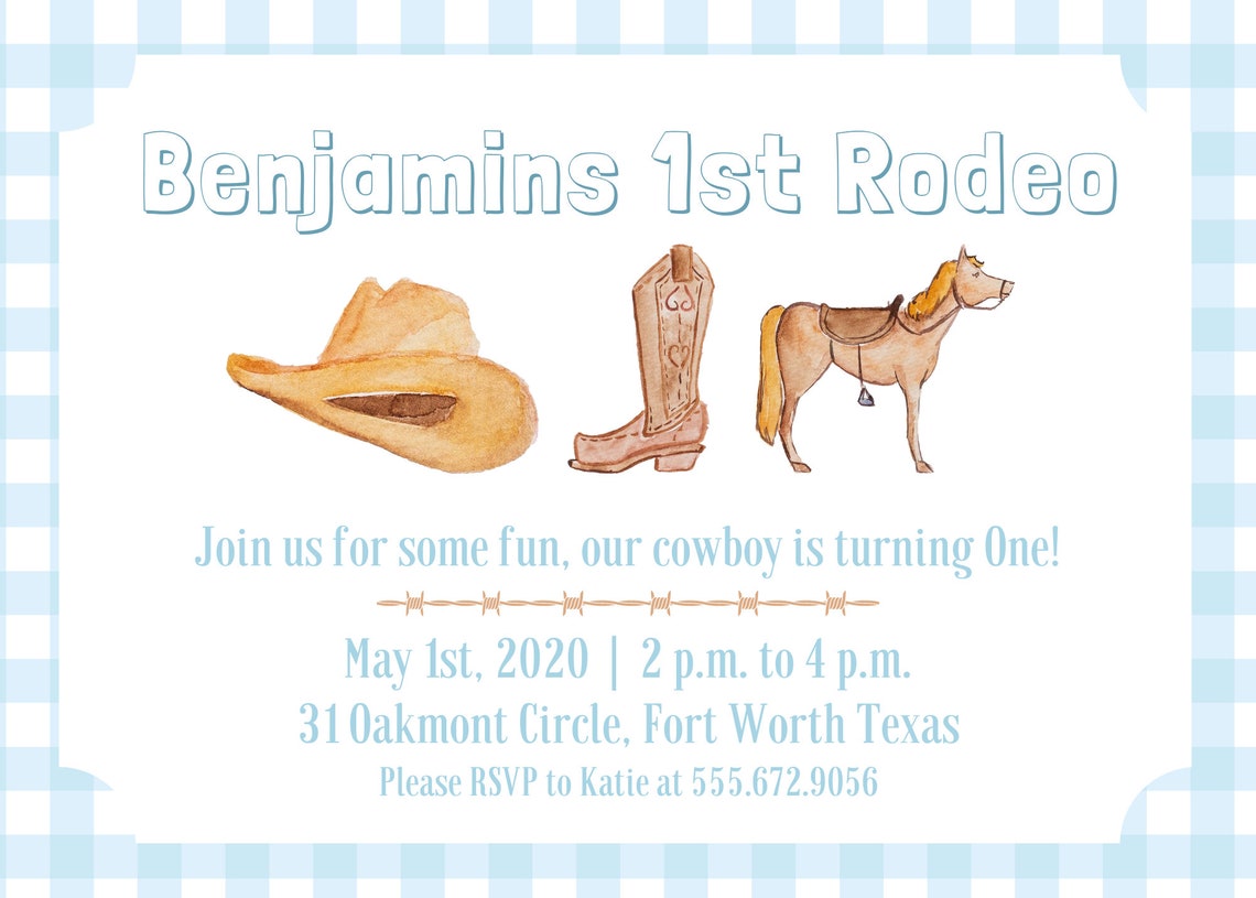 First Rodeo | 1st Rodeo Birthday Invitation | Cowboy Western | Editable ...