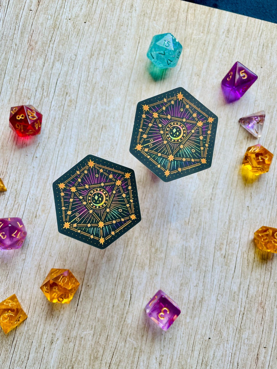 Set of 2 Holographic D20 Dice Sticker | D&D Die Cut Galaxy Rainbow ...