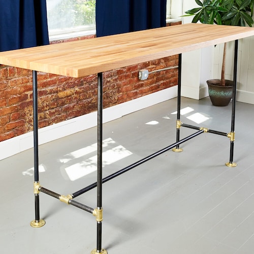 Butcher Block Standing Desk Black Pipe and Brass - Etsy