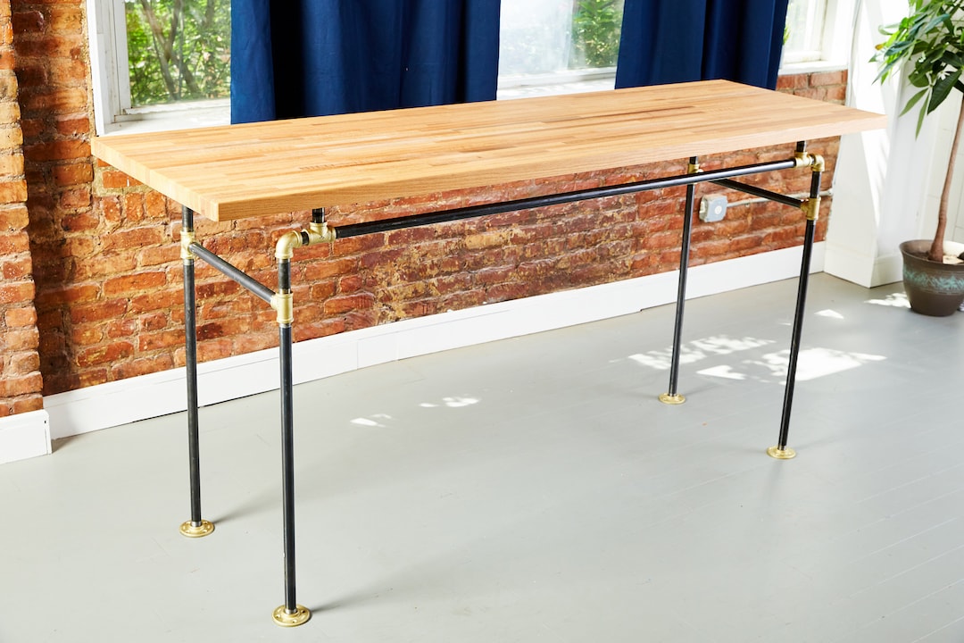 Butcher Block Standing Desk Black Pipe and Brass - Etsy