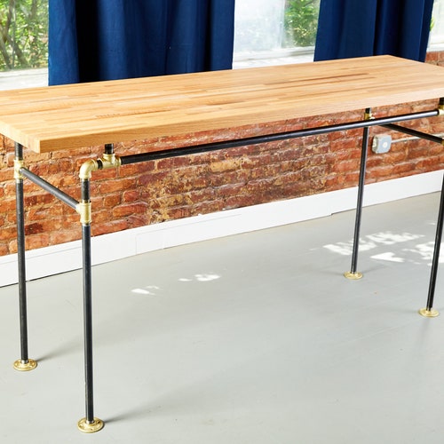 Butcher Block Standing Desk Black Pipe and Brass - Etsy