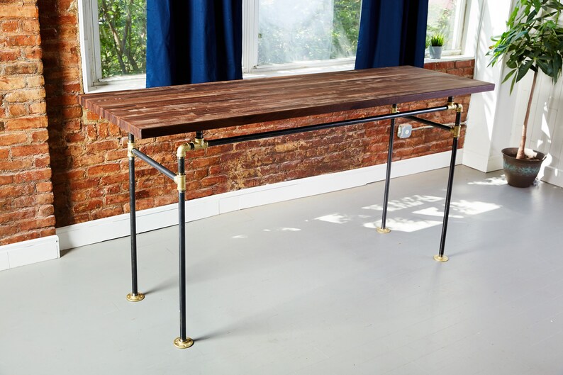 Butcher Block Standing Desk Black Pipe and Brass | Etsy