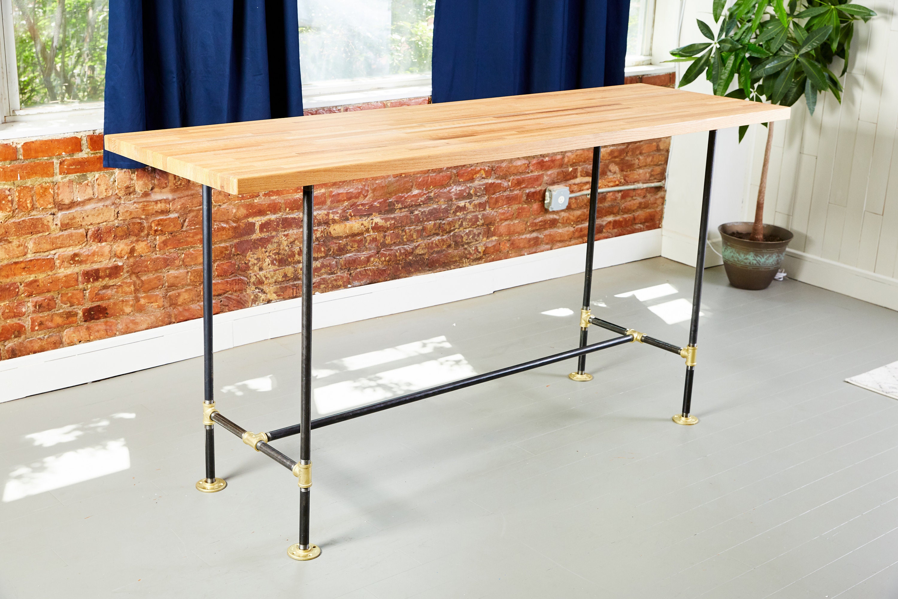 Butcher Block Standing Desk Black Pipe and Brass | Etsy