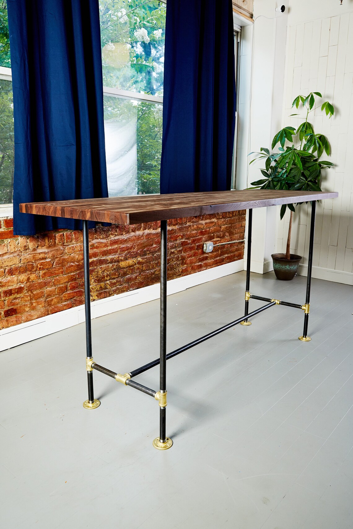 Butcher Block Standing Desk Black Pipe and Brass - Etsy