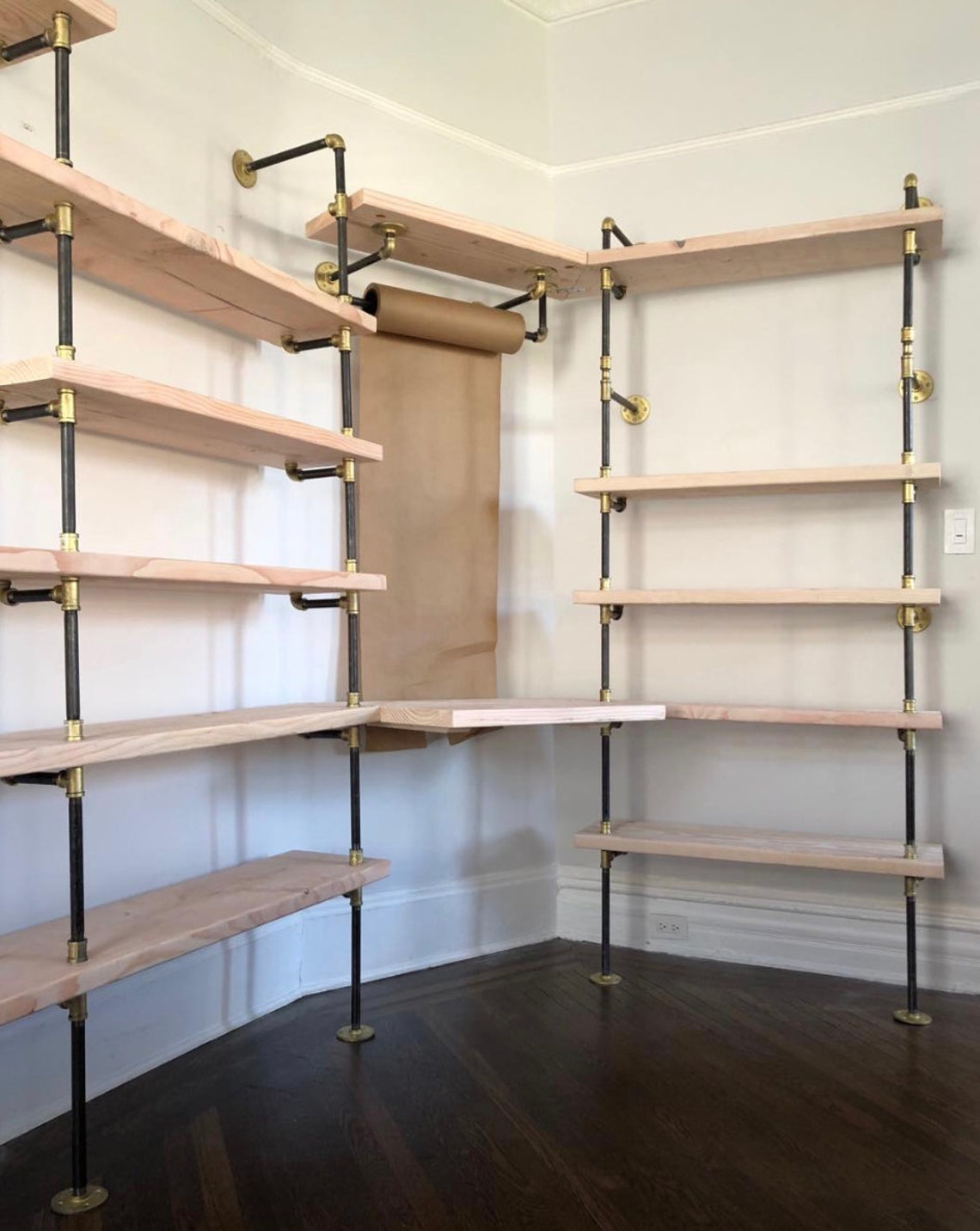 Black Pipe Shelving With Brass Accents - Etsy