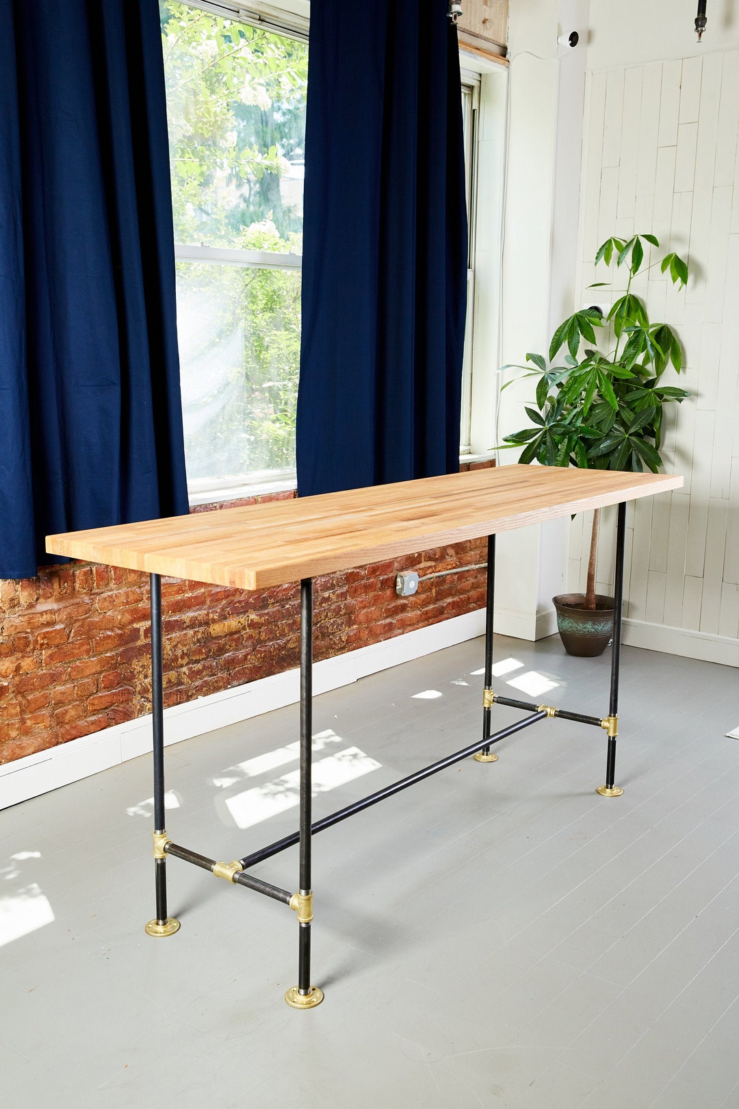 Butcher Block Standing Desk Black Pipe and Brass - Etsy