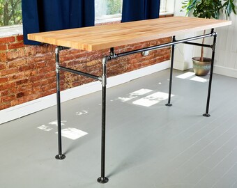 Butcher Block Standing Desk Black Pipe and Brass | Etsy