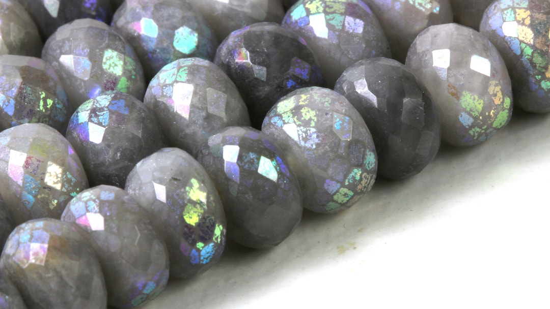 Grey Moonstone Faceted Rondelles Gemstones, AB Coated, 8mm to 8.2mm ...