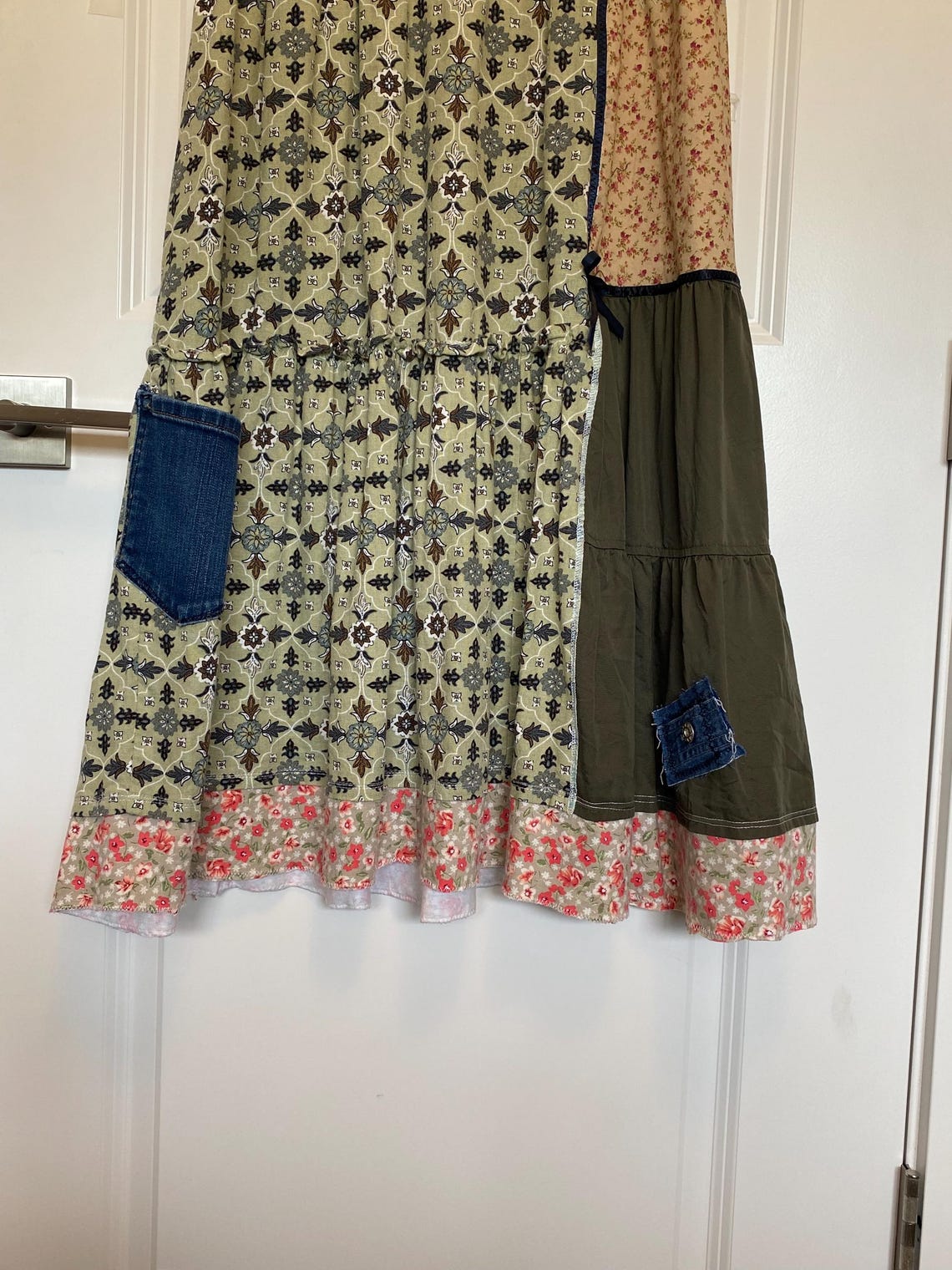 Boho Patchwork Dress: Reclaimed Fabrics, Raw Stitching, Denim Tie Size ...