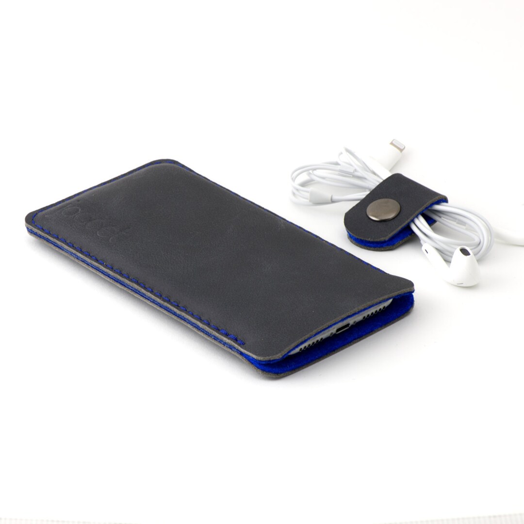 Samsung Galaxy S24 Pouch Anthracite/black Leather With Blue Wool Felt ...