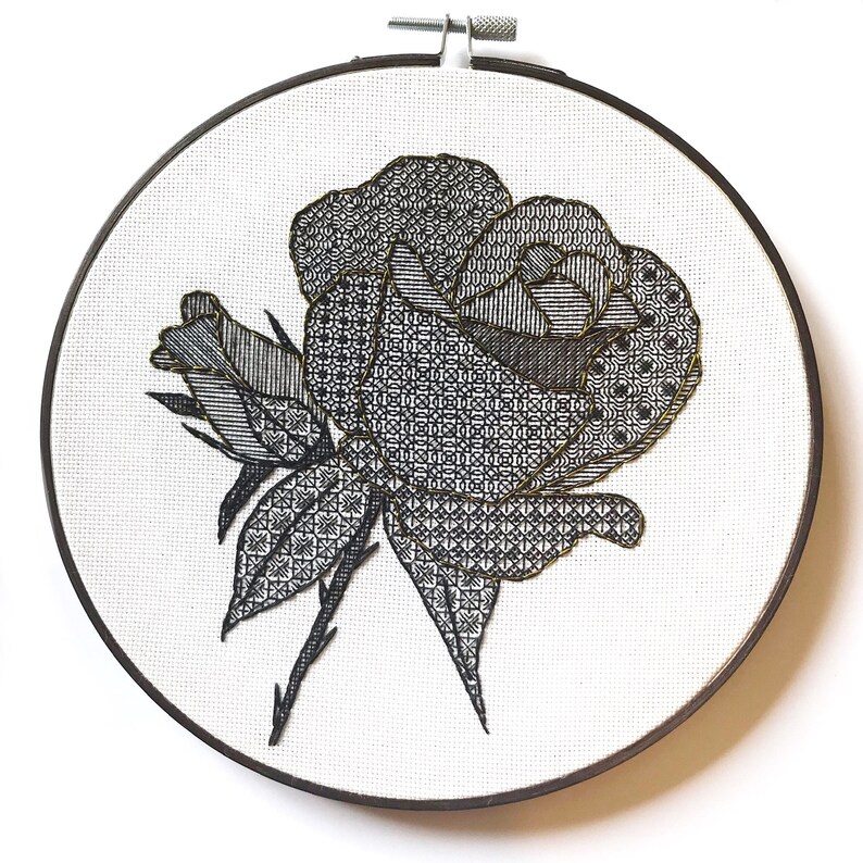 Blackwork Rose Embroidery Kit - Etsy