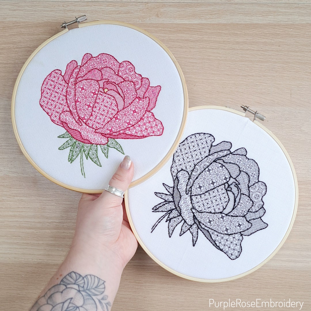 Pink + Black Peony Blackwork Embroidery Pattern PDF Download - Etsy