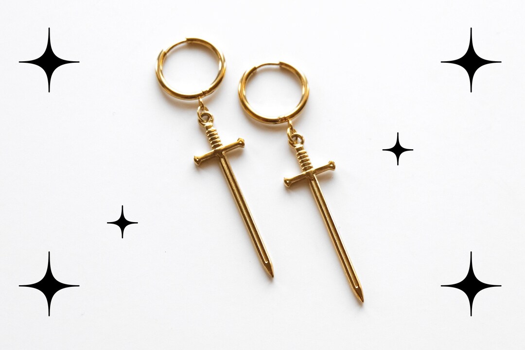 MISERICORDE Knightcore Sword Dark Punk Hoop Earrings 18k Gold Plated ...