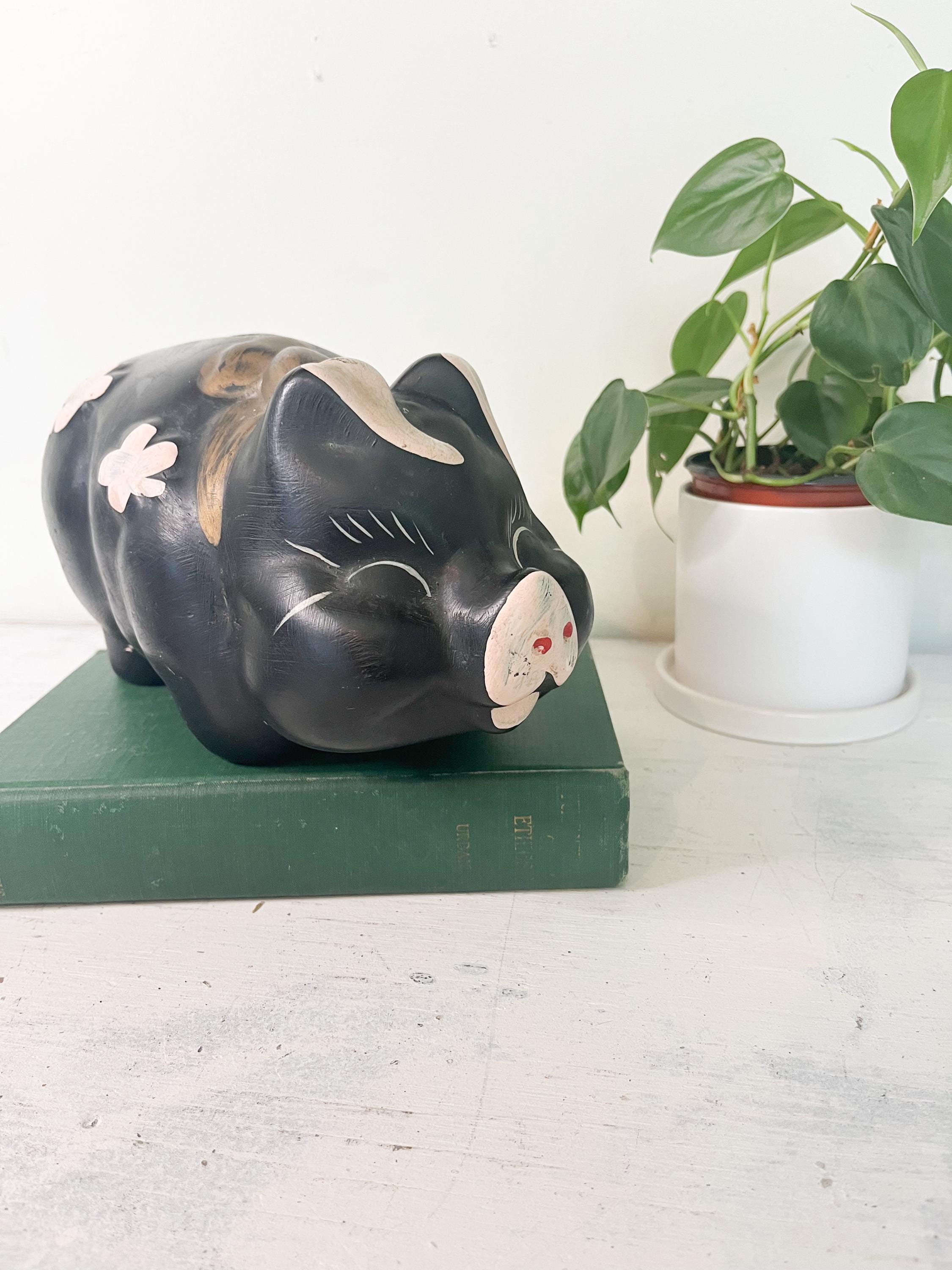 Vintage Hand-painted Piggy Bank: Black Ceramic Floral Decor (stopper ...
