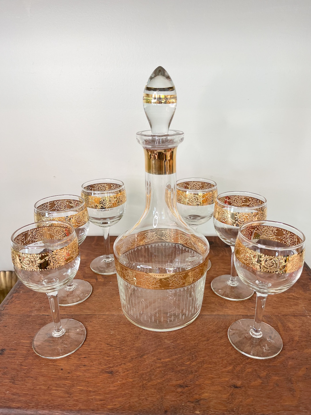 Vintage CULVER 22K Gold TYROL Pattern Glass Decanter and 6 Wine Glasses ...