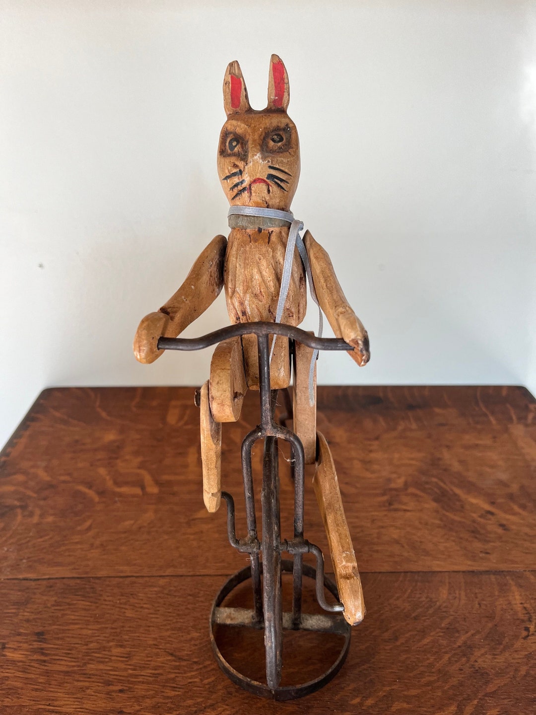 Vintage Rabbit Riding Bike, Carved Wooden Jointed, Brutalist Art, Folk ...