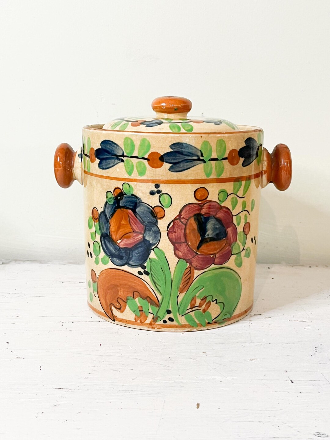 Vintage Hand Painted Hungarian Pottery Jar With Lid - Colorful Folk Art ...