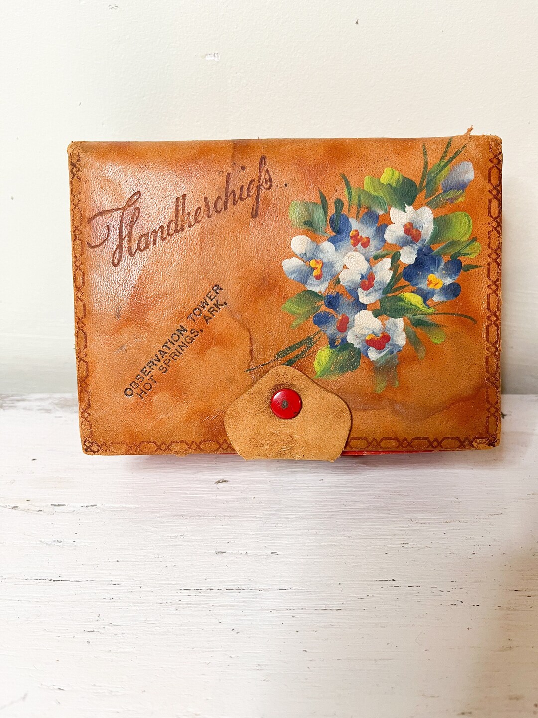 Vintage Handkerchief Box, Leather Souvenir, Handpainted, Hot Springs ...