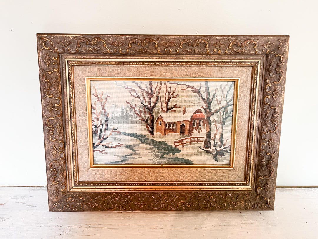 Vintage Framed Needlepoint Winter Scene Snowy Cottage Landscape ...