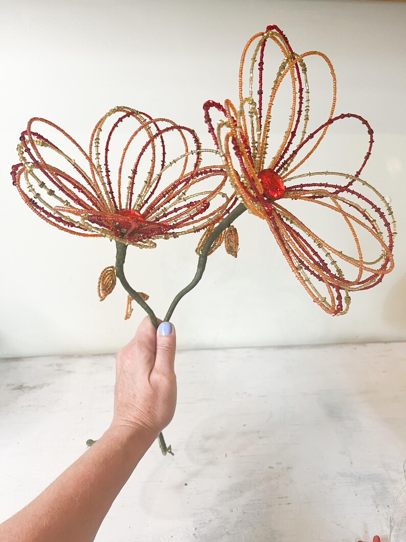 Vintage Beaded Wire Flowers (set of 2): Red & Orange Fall Holiday Decor ...