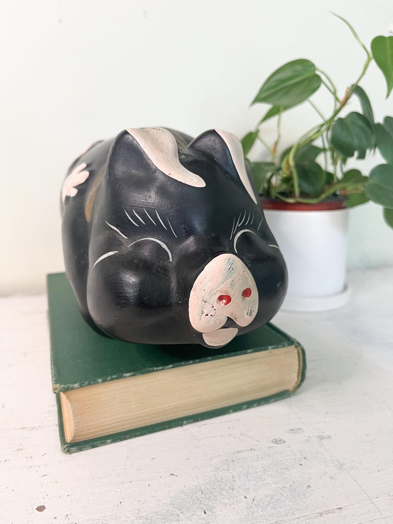 Vintage Hand-painted Piggy Bank: Black Ceramic Floral Decor (stopper ...