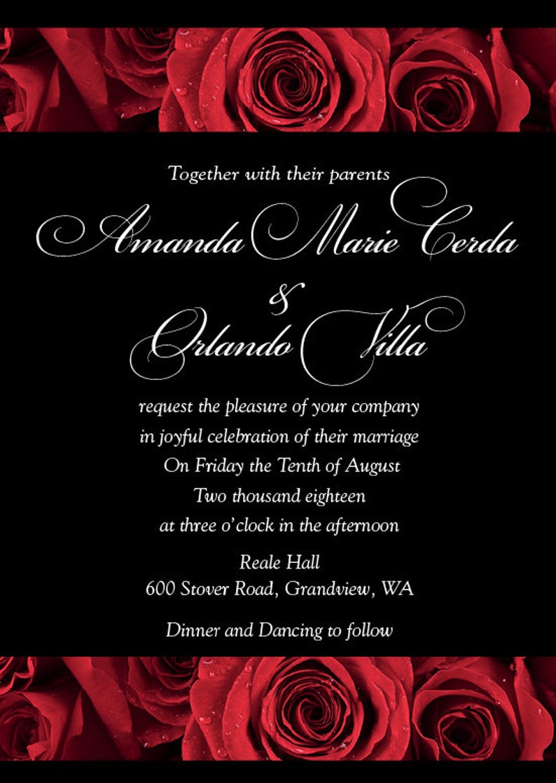 Elegant Red and Black Wedding Invitations, Red Rose Wedding, Classic ...