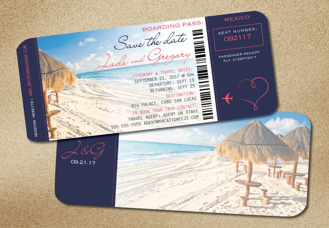 Beach Destination Wedding Boarding Pass Style Save the Dates, Navy ...