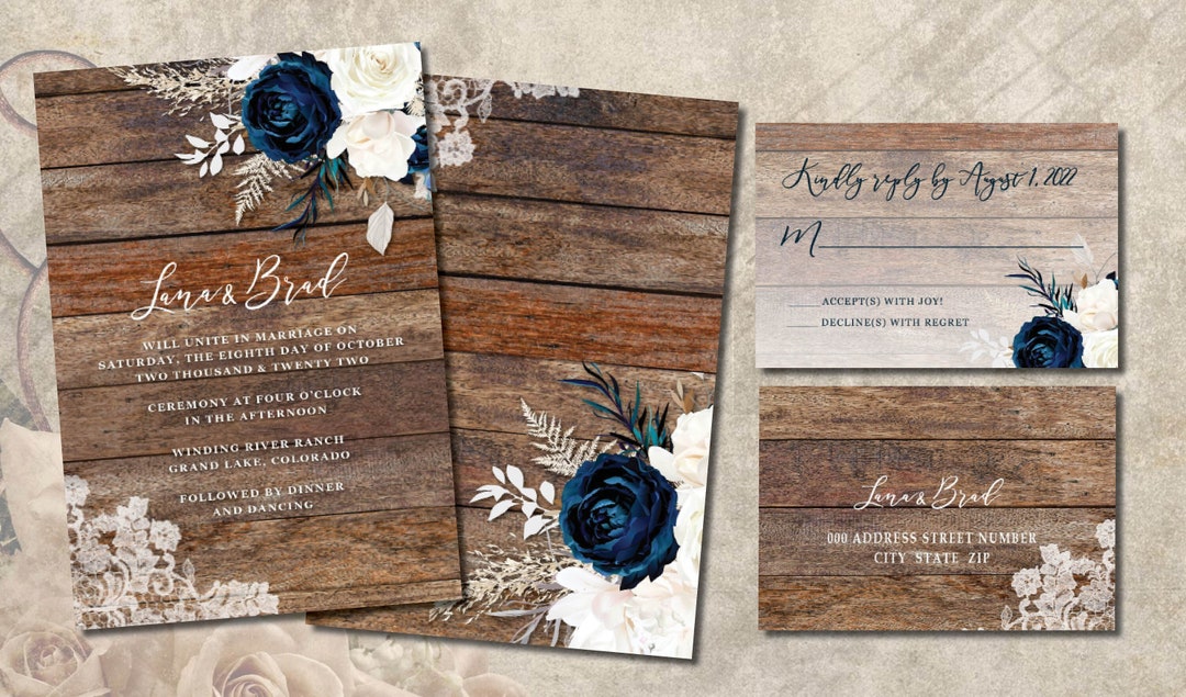 Farmhouse Style Floral Wedding Invitation Set, Navy and Wood Rustic ...