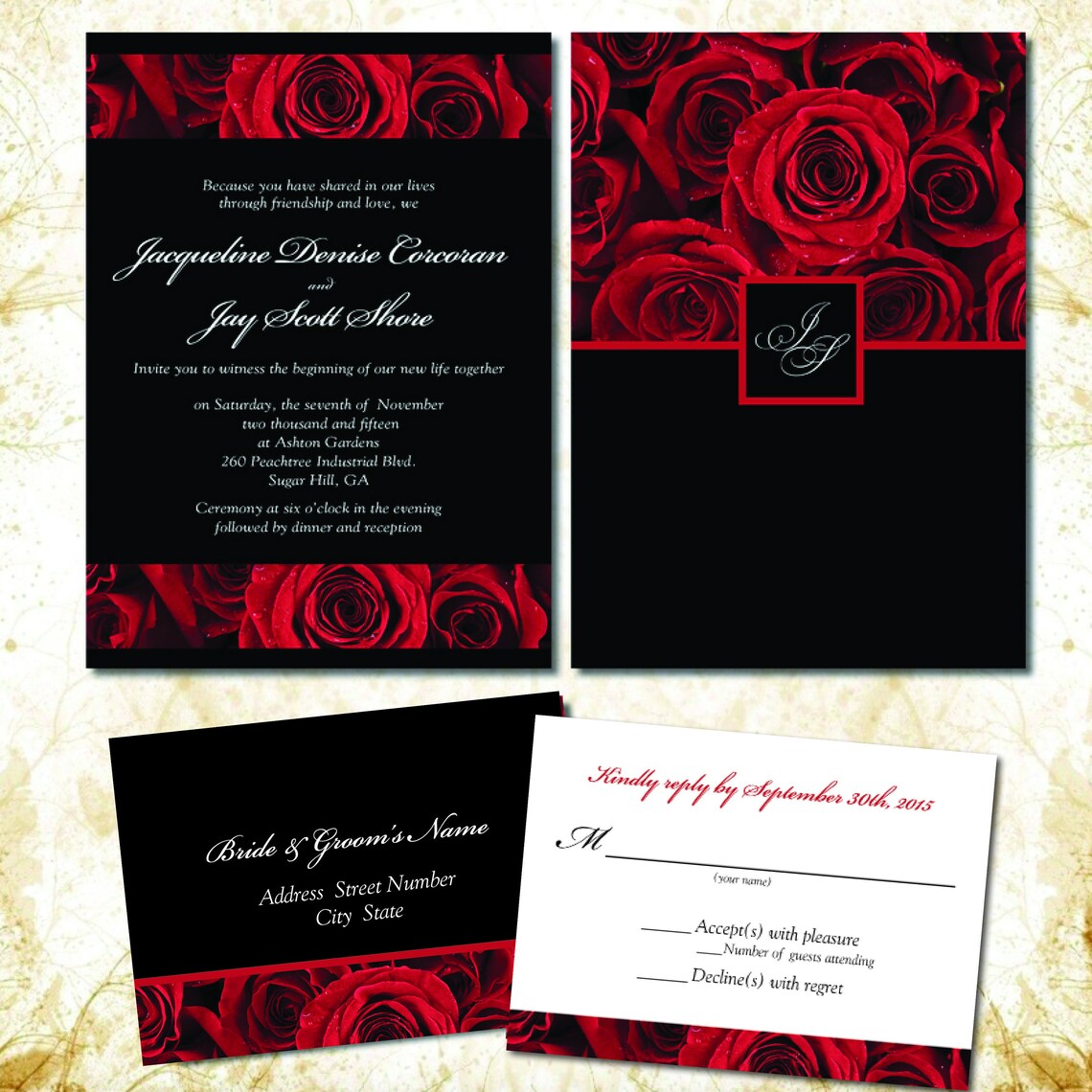 Elegant Red and Black Wedding Invitations Red Rose Wedding - Etsy