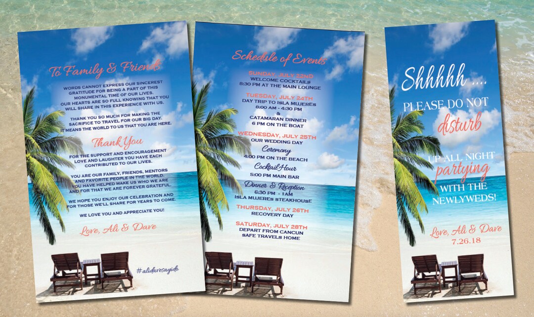 Beach Themed Wedding Program, Destination Wedding Door Hangers, Wedding Stationery Package ...