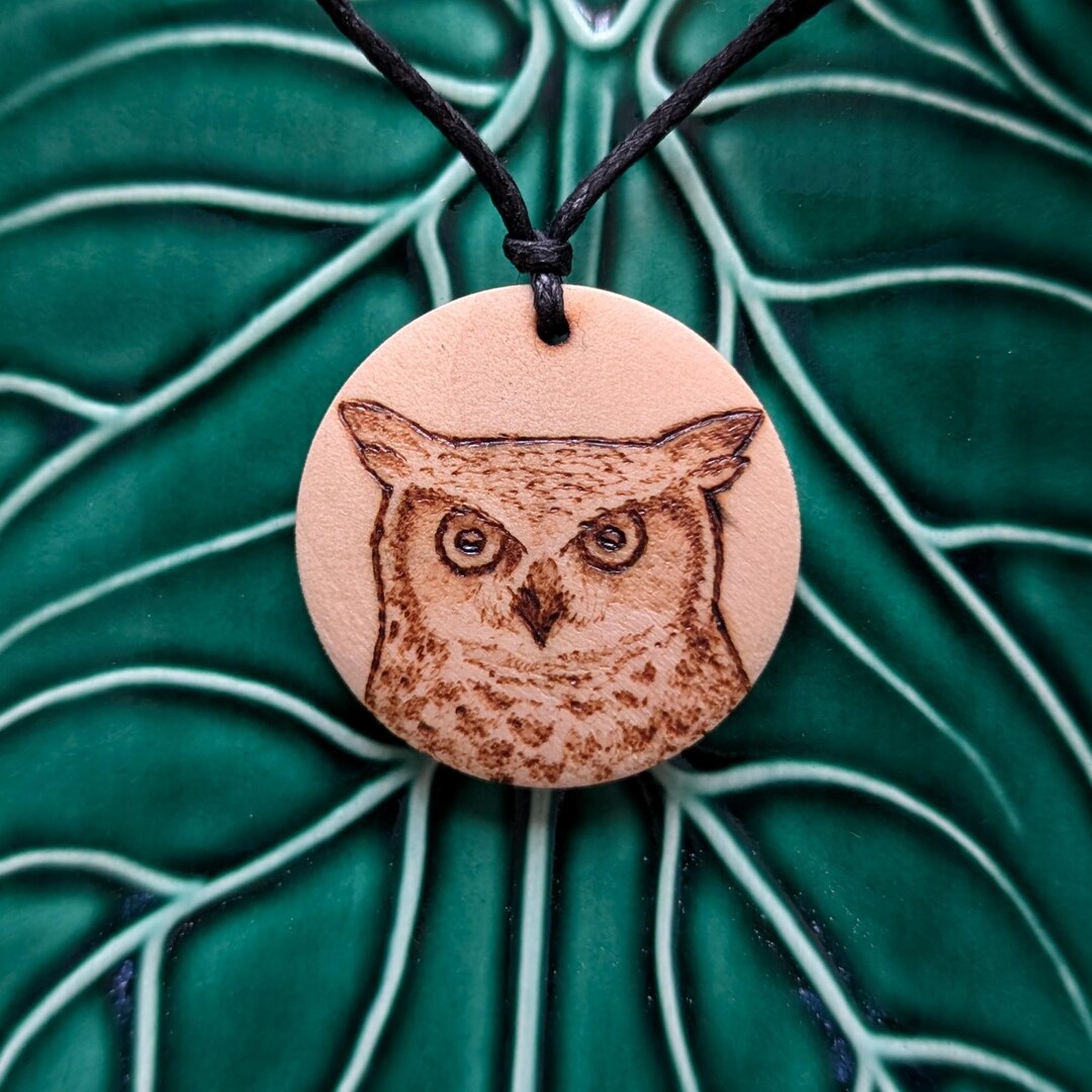 Eagle Owl Wooden Pyrography Pendant on Adjustable Cotton Cord - Etsy