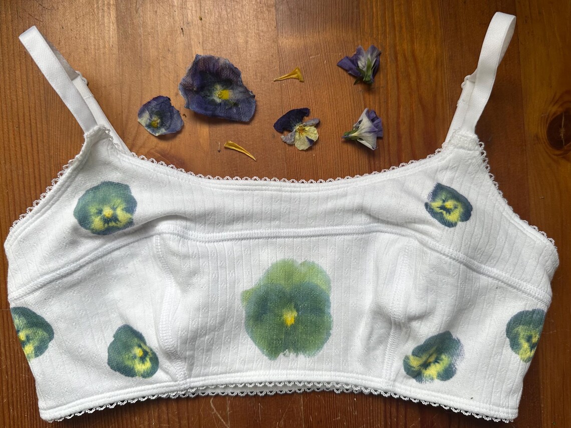 Pointelle Cotton Bra ~ Handprinted / Flower Pounding With Real Pansies ...